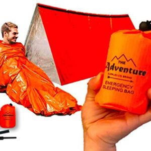 Emergency Sleeping Bag & Tent Shelter, Stocking Stuffer! Combo Prepper kit Survival Tent, Bivy Sack Tent, Sleeping Bag, Fire Starter + Whistle, Mylar Thermal Adventure Supply Co.