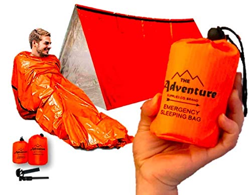 Emergency Sleeping Bag & Tent Shelter, Stocking Stuffer! Combo Prepper kit Survival Tent, Bivy Sack Tent, Sleeping Bag, Fire Starter + Whistle, Mylar Thermal Adventure Supply Co.