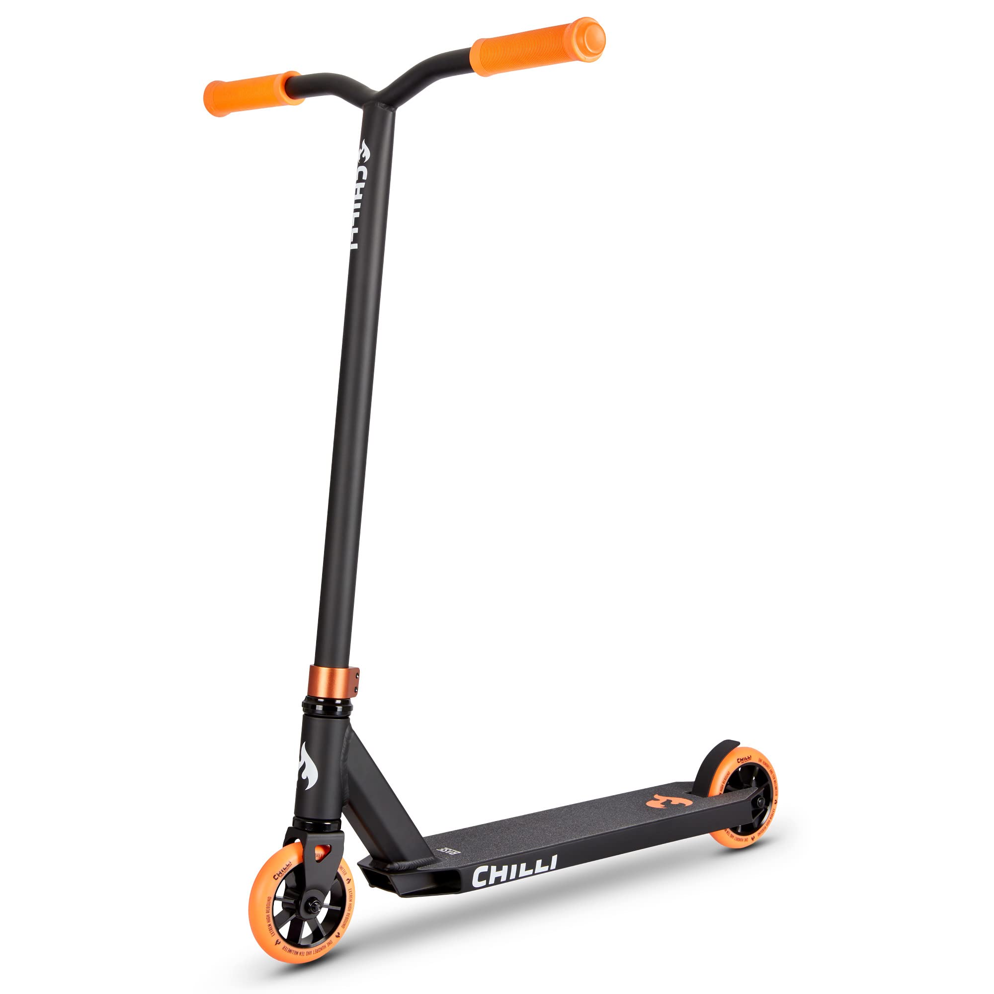 Chilli Base - Quality Freestyle Extreme Intermediate and Beginner Stunt Scooter for Ages 6 and up, 110 mm Wheels, HIC Compression System - Black/Orange