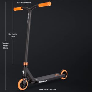 Chilli Base - Quality Freestyle Extreme Intermediate and Beginner Stunt Scooter for Ages 6 and up, 110 mm Wheels, HIC Compression System - Black/Orange