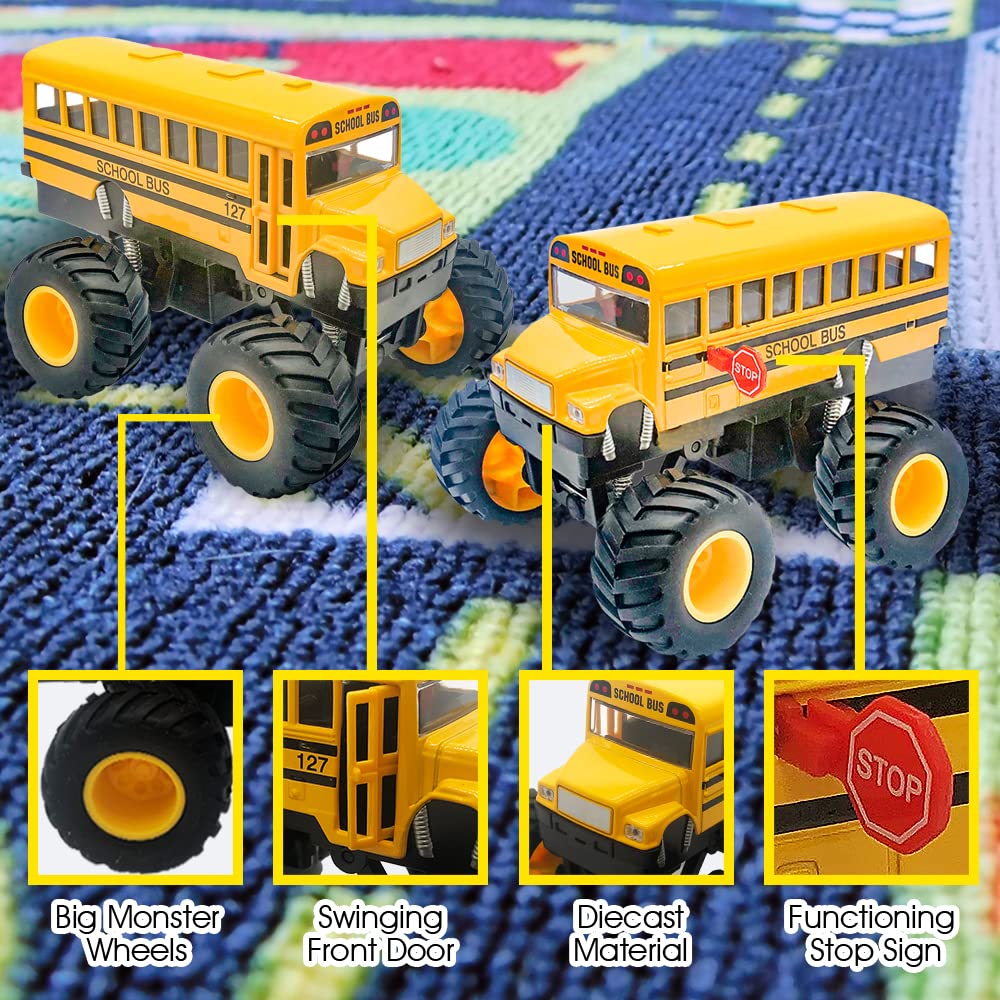 ArtCreativity 5 Inch Pullback School Bus Toy Set - Set of 2 - Includes 2 Yellow School Buses with Monster Wheels - Diecast Bus Playset with Pullback Mechanisms - Great Gift Idea for Boys and Girls