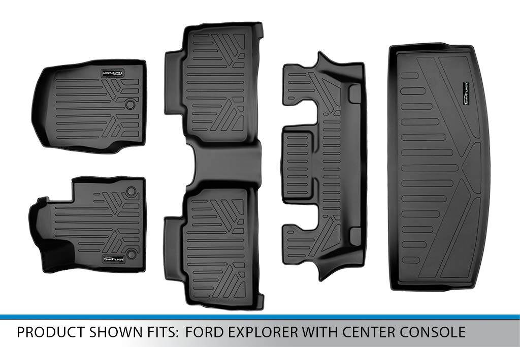 SMARTLINER Floor Mats 3 Rows - Cargo Liner Behind 3rd Row Set Black Compatible with 2020-2023 Explorer Only Fits 6 Passenger Models W/Bucket Seat