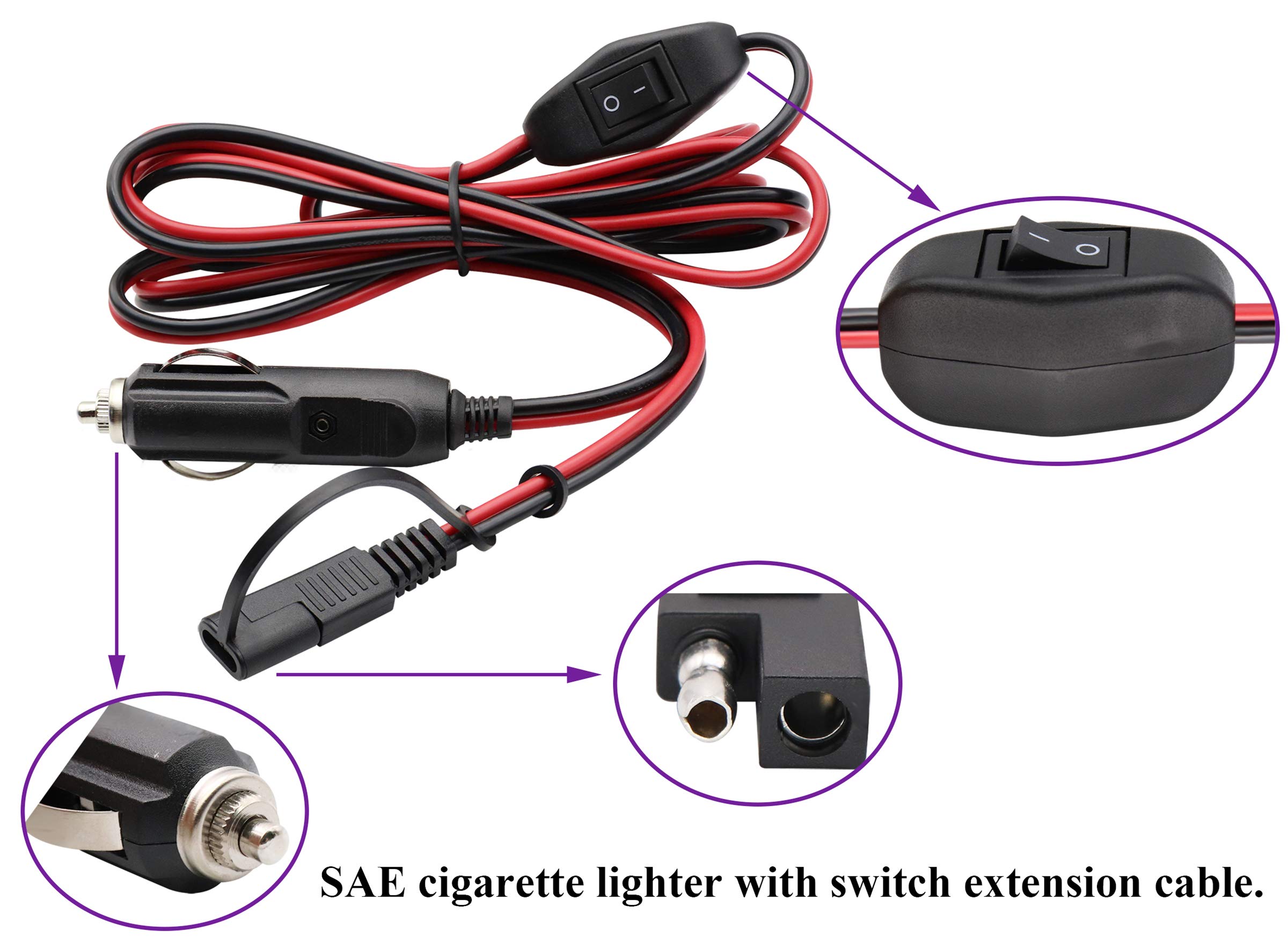 AAOTOKK Cigarette Lighter SAE Cable,16AWG 12V Cigarette Lighter Male Plug to SAE 2 Pin Quick Release Disconnect Connector Plug Adapter Extension Charging Cable with Fuse and Switch(2.4m/7.8ft-M)