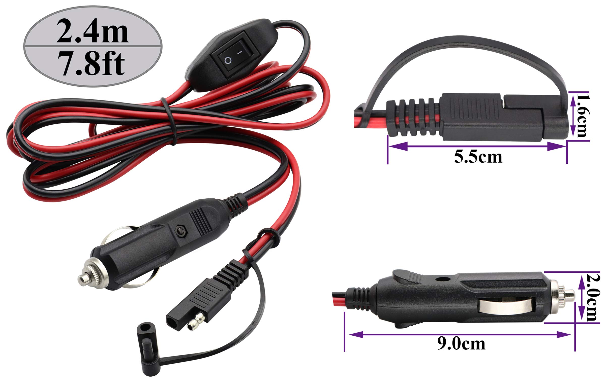 AAOTOKK Cigarette Lighter SAE Cable,16AWG 12V Cigarette Lighter Male Plug to SAE 2 Pin Quick Release Disconnect Connector Plug Adapter Extension Charging Cable with Fuse and Switch(2.4m/7.8ft-M)