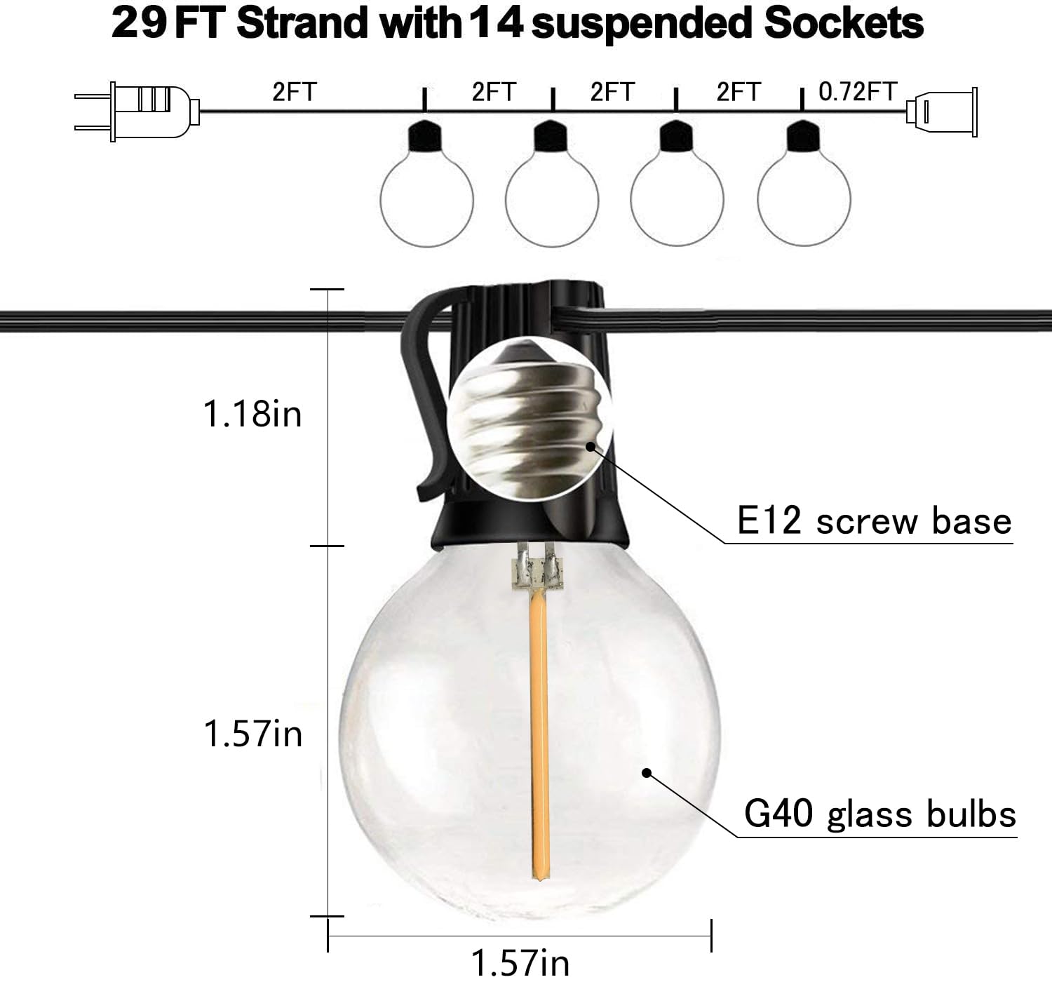 Banord 29FT Globe Outdoor String Lights, Shatterproof Patio Lights with 15 Dimmable Plastic Bulbs, Waterproof Hanging Lights String for Porch Backyard Cafe, E12 Socket Base