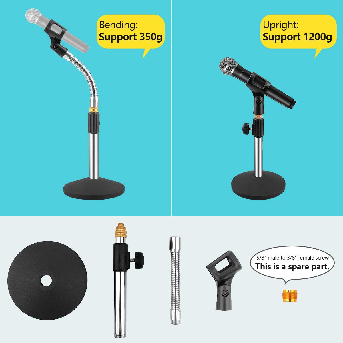 Eison Microphone Stand Desk Mic Stand Desktop Microphone Stand Adjustable Tabletop Microphone Stand with Gooseneck Mic Clip 5/8" Male to 3/8" Female Screw for Blue Yeti Snowball Christmas gift