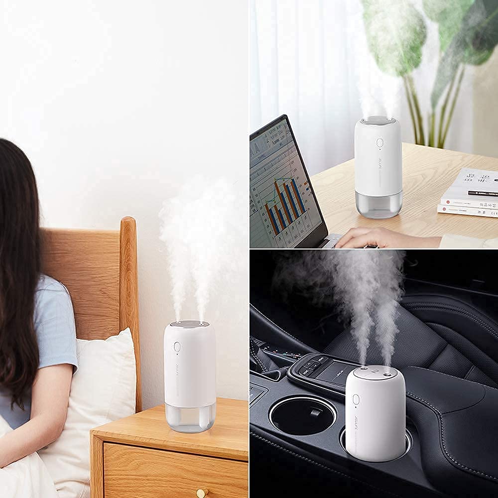 JISULIFE Small Humidifier, 500ml Portable Travel Humidifier, 3600mAh Battery Operated Humidifier for Car Desk Home Office, Auto Shut-Off, Dual Mist Ports, Whisper Quiet - White