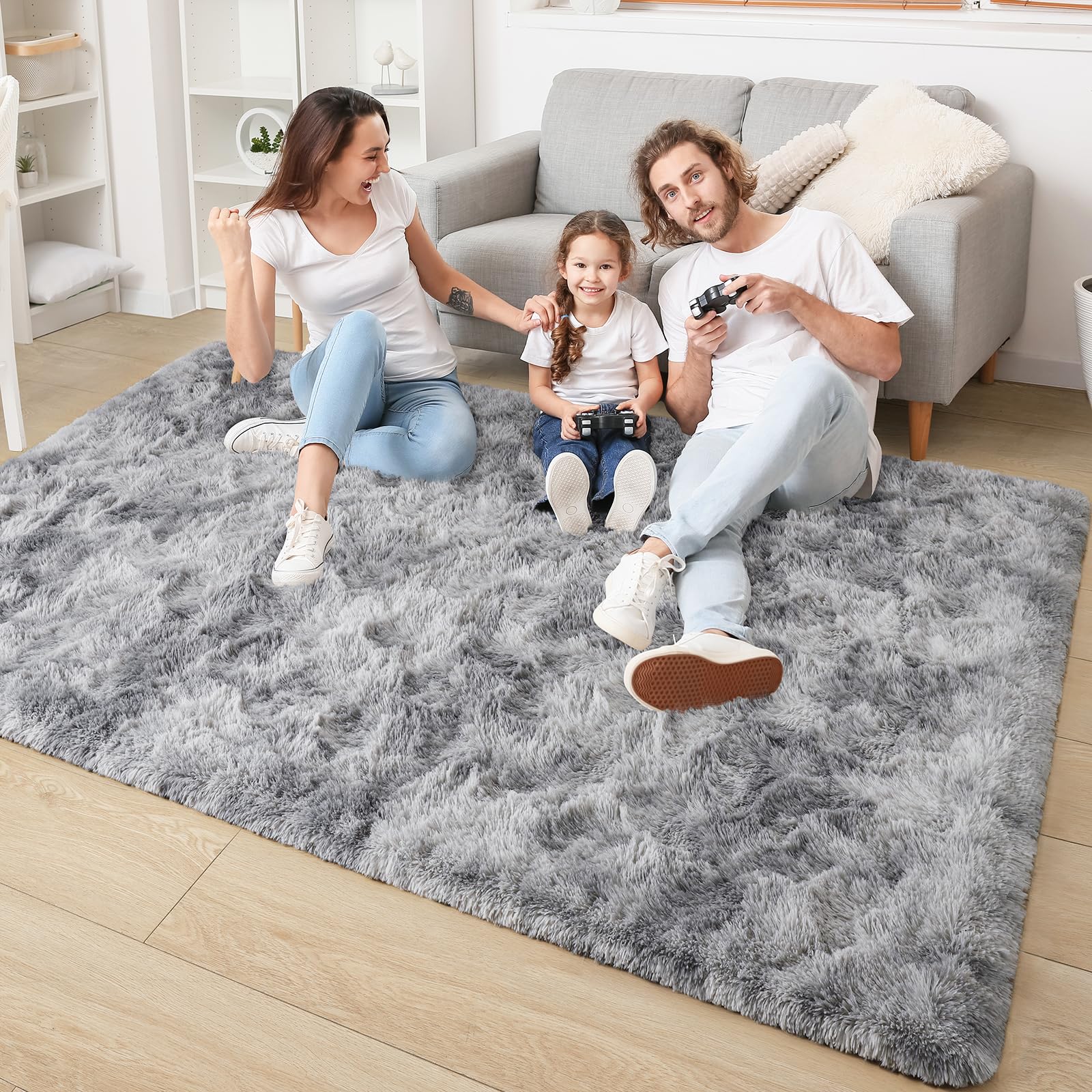 LOCHAS Luxury 5x8 Fluffy Tie Dye Area Rug for Living Room, Soft Fuzzy Rugs for Bedroom Livingroom Kids Girls Boys Room, Throw Floor Carpet Home Decor, Light Grey