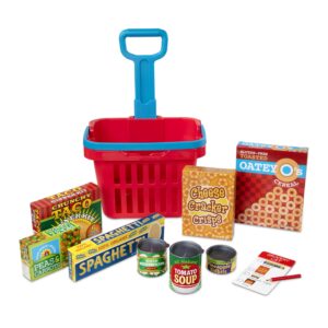 melissa & doug fill and roll grocery basket play set with play food boxes and cans (11 pcs), frustration-free packaging)