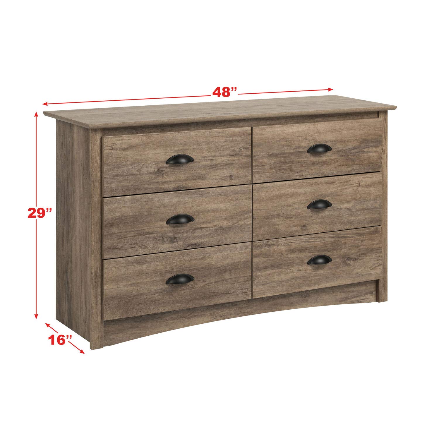 Prepac Salt Spring Children's Rustic 6-Drawer Dresser for Bedroom, Farmhouse Chest of Drawers for Children 16" D x 48" W x 29" H, Drifted Gray, DDC-4829