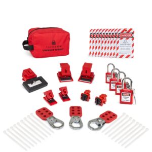 tradesafe breaker lockout tagout electrical loto kit, 120/277v to 480/600v circuit breaker lockout, hasps, lockout tags, keyed different red loto locks (1 key each); devices for station refill