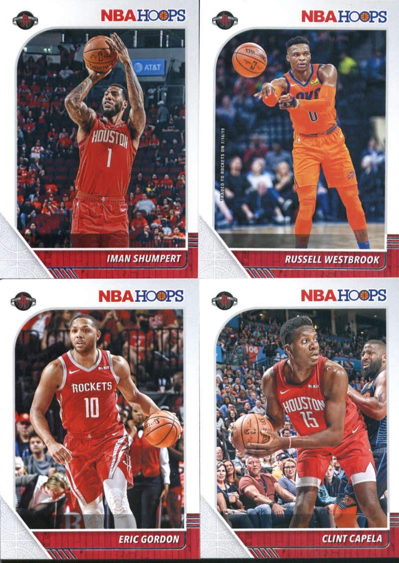 2019-20 Panini NBA Hoops Houston Rockets Team Set of 8 Cards: James Harden(#66), Eric Gordon(#68), Clint Capela(#69), P.J. Tucker(#70), Gerald Green(#71), Austin Rivers(#72), Russell Westbrook(#129), Iman Shumpert(#270)