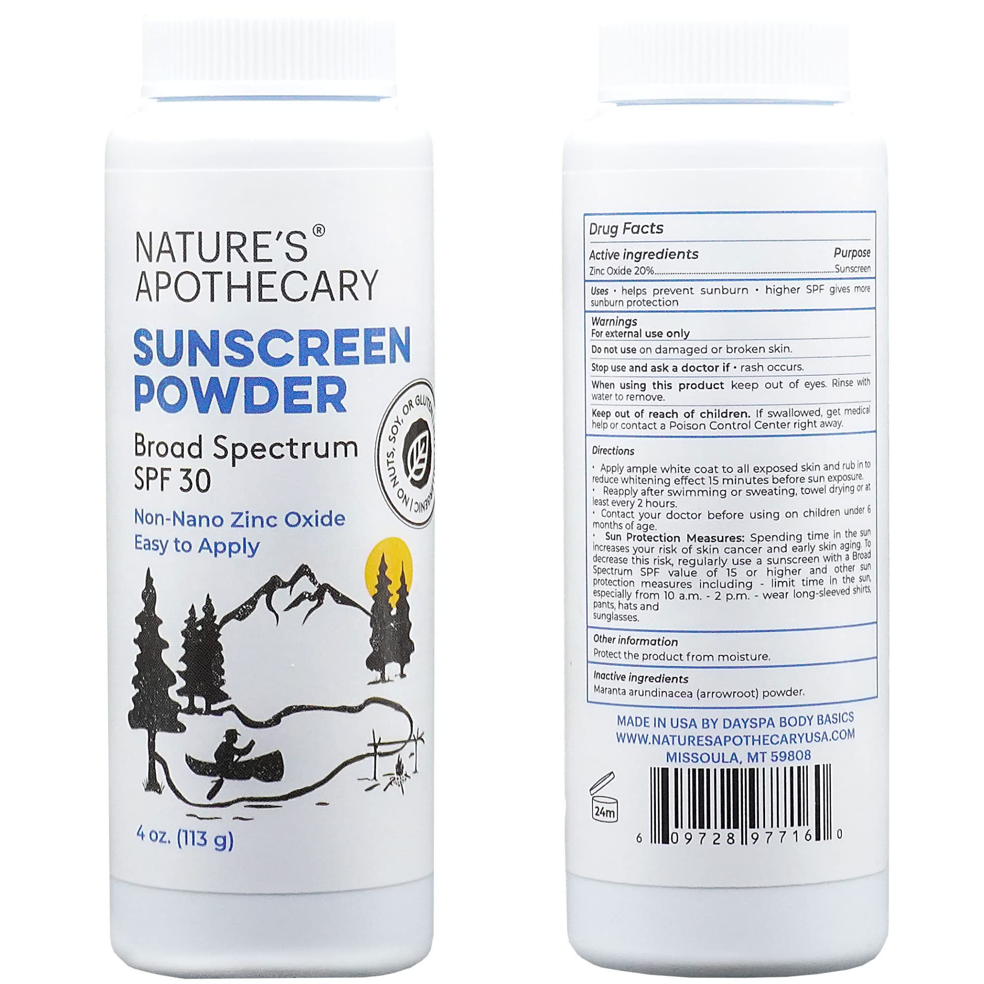 All-Natural, Benzene Free, Non Nano Zinc Oxide Sunscreen Powder SPF 30 - Water & Sweat Resistant, Reef & River Friendly, Hypoallergenic, Biodegradable, Made in USA by Nature's Apothecary