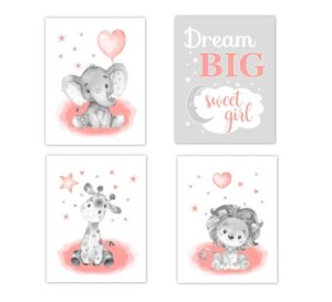 coral baby girl nursery art elephant giraffe lion wall decor 4 unframed prints