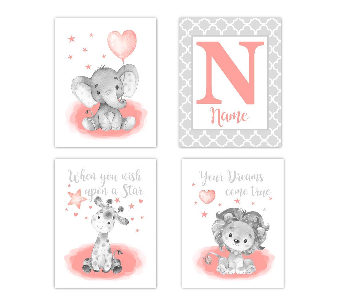 Personalized Baby Girl Nursery Art Elephant Giraffe Lion Wall Decor 4 UNFRAMED PRINTS