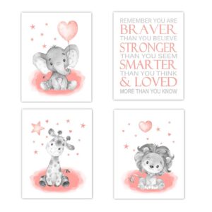 Coral Baby Girl Nursery Art Elephant Giraffe Lion Wall Decor 4 UNFRAMED PRINTS