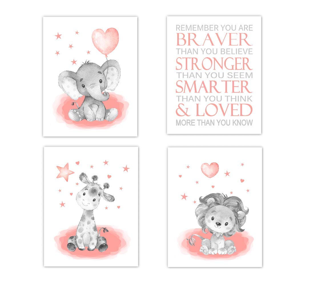 Coral Baby Girl Nursery Art Elephant Giraffe Lion Wall Decor 4 UNFRAMED PRINTS