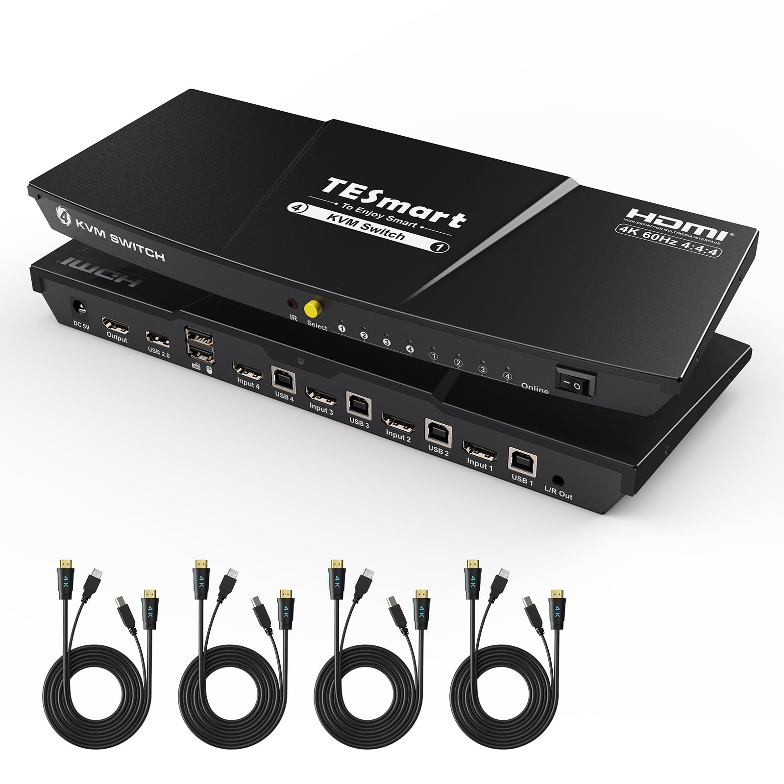 TESmart HDMI KVM Switch 4 Port 4K@60Hz, KVM Switch 1 Monitor 4 Computers EDID Emulators, USB 2.0, L/R Audio, Hotkey Switch, Button Switch with Remote Controller and All Cables