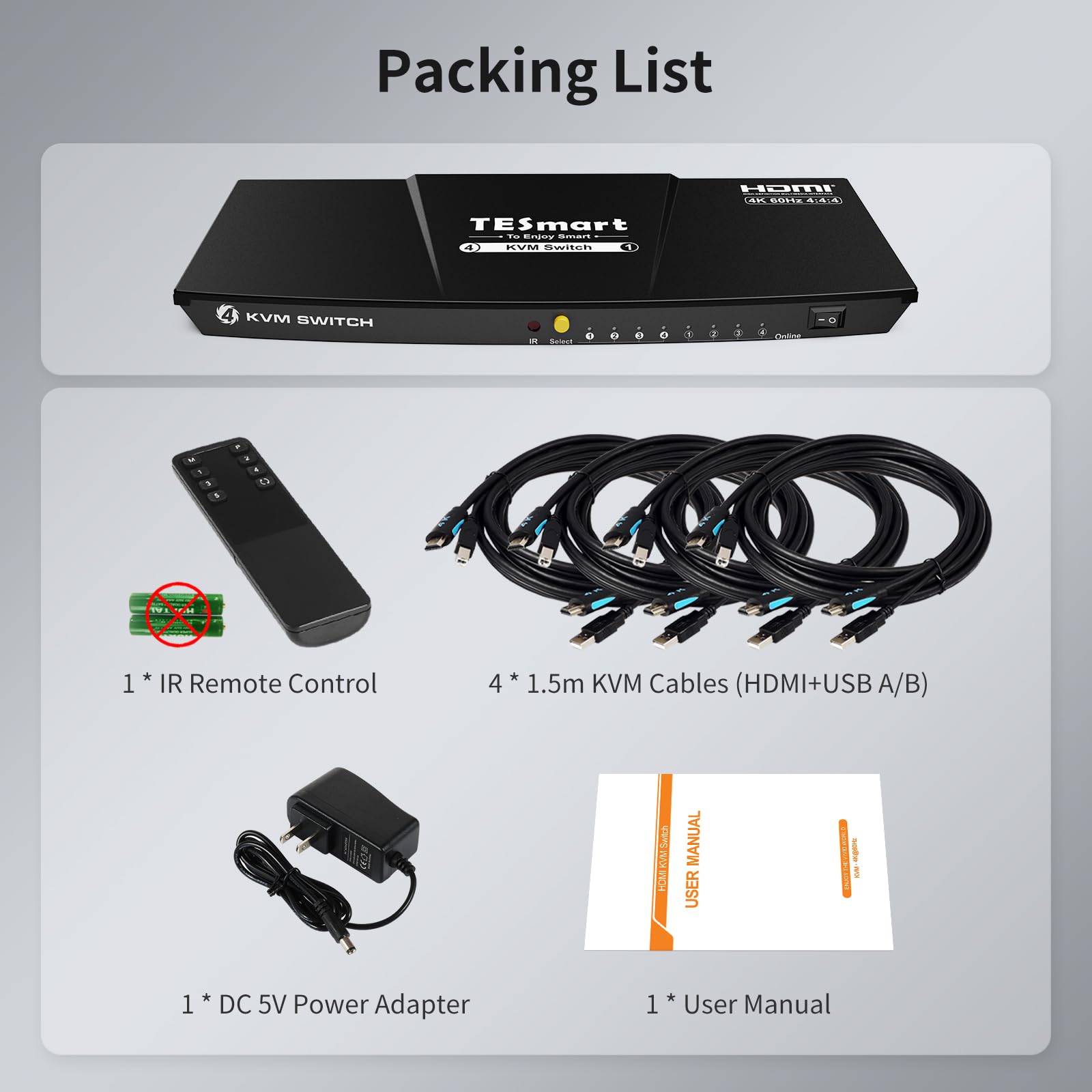 TESmart HDMI KVM Switch 4 Port 4K@60Hz, KVM Switch 1 Monitor 4 Computers EDID Emulators, USB 2.0, L/R Audio, Hotkey Switch, Button Switch with Remote Controller and All Cables