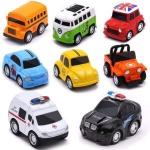 metal pull back cars, up grade 8 pack kids die-cast alloy toy vehicles friction powered toy monster trucks buses for toddlers & boys, pull back cars for aged 3-14 year old children