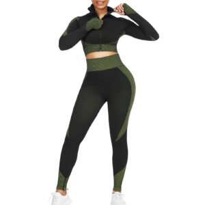 joymode women's workout sets 2 piece seamless textured high waist legging crop top gym, 2 piece-green, large