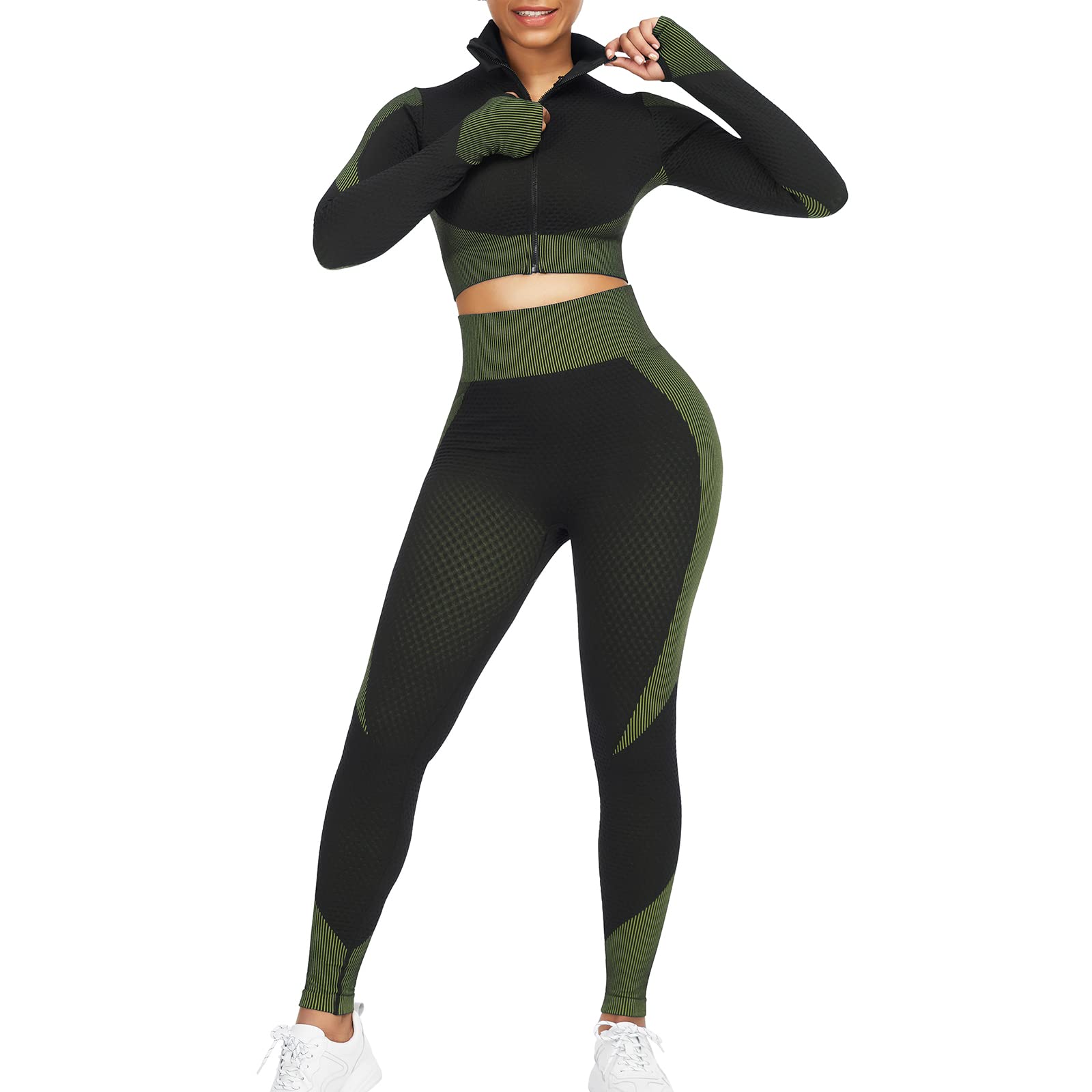 JOYMODE Women's Workout Sets 2 Piece Seamless Textured High Waist Legging Crop Top Gym, 2 Piece-green, Large