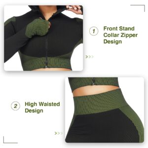 JOYMODE Women's Workout Sets 2 Piece Seamless Textured High Waist Legging Crop Top Gym, 2 Piece-green, Large