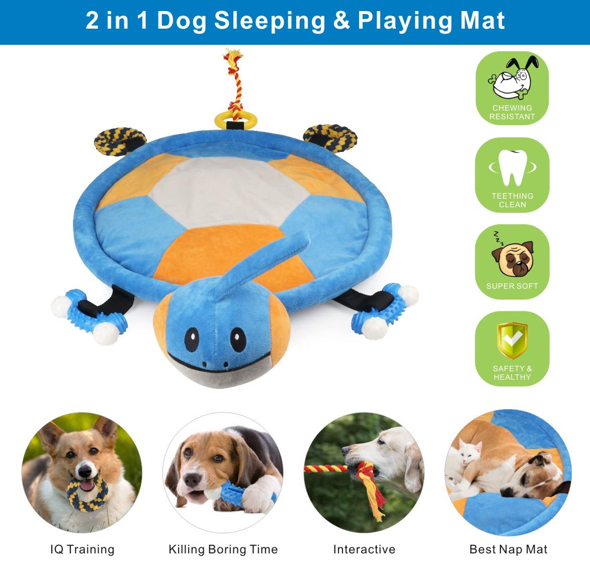 Idepet Dog Play Mat,Puppy Toy Mat with Chew Toys Multiple Dog Puzzle Interactive Toy Pet Playing Mat for Small Medium Dogs Cats,All-in-One (Turtle)