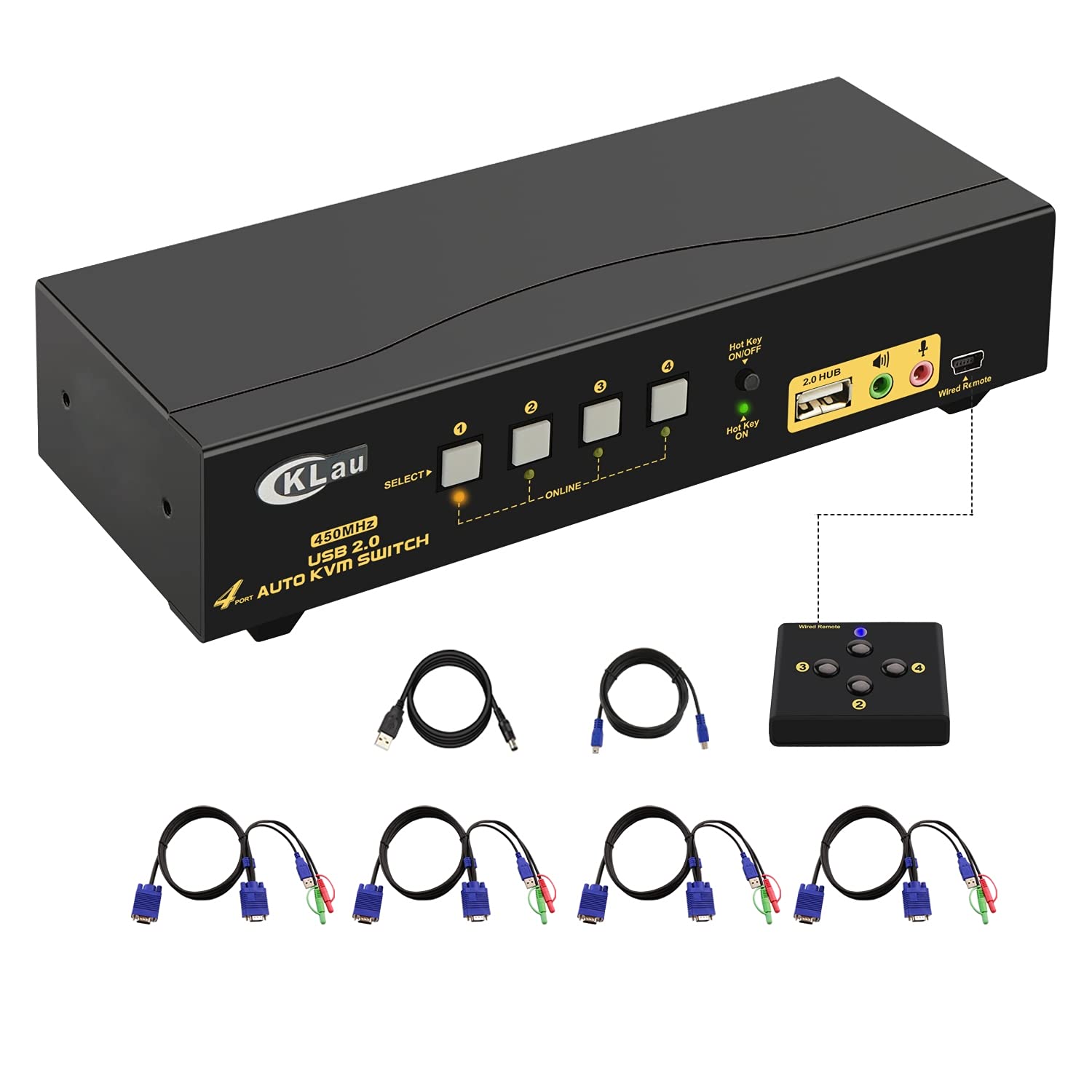 CKLau 4 Port 450MHz USB Auto VGA KVM Switch with Audio and Cables, Monitor Switch for Multiple Computers Support Windows, Linux, Mac, Debian, Ubuntu, Fedora, Raspbian, Ubuntu