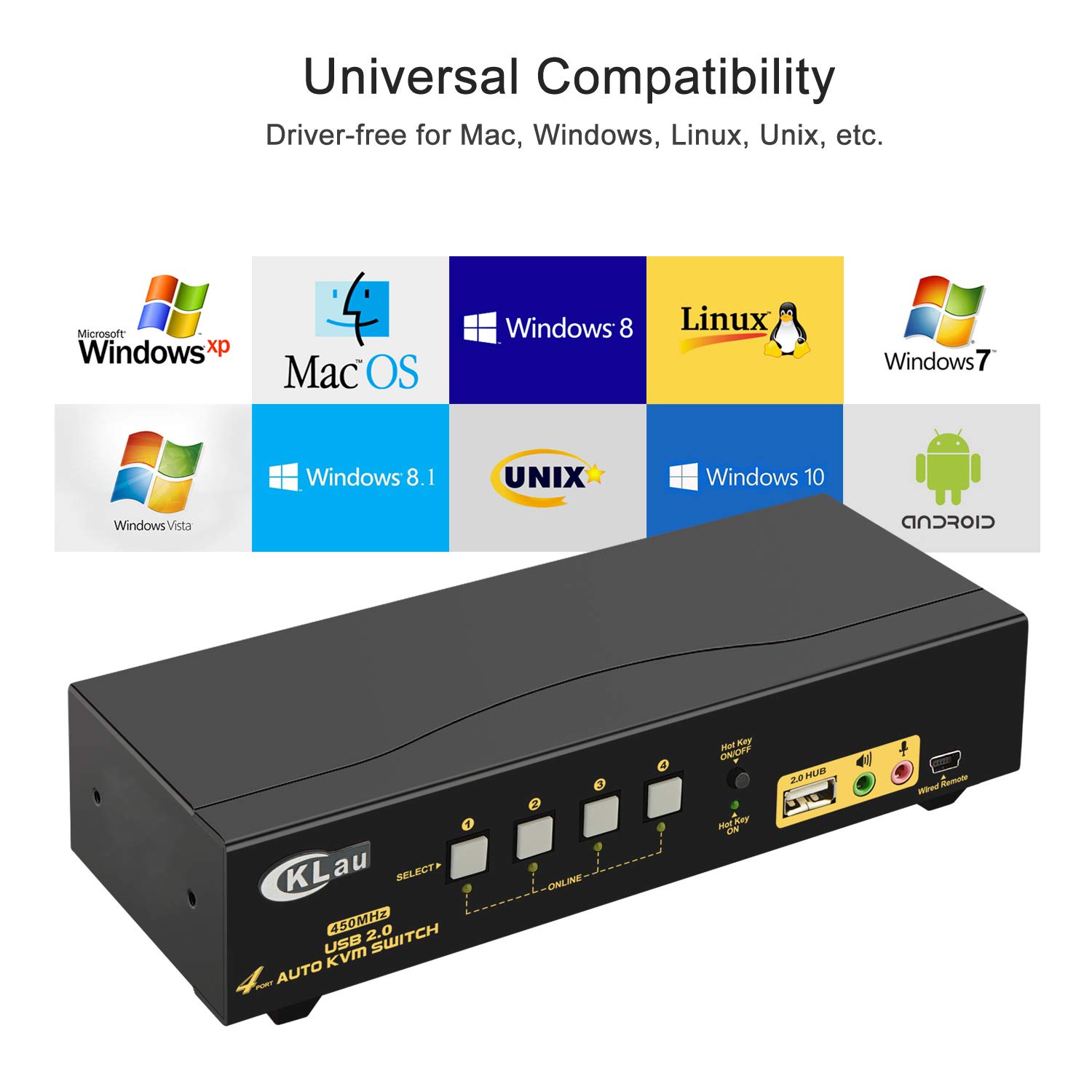 CKLau 4 Port 450MHz USB Auto VGA KVM Switch with Audio and Cables, Monitor Switch for Multiple Computers Support Windows, Linux, Mac, Debian, Ubuntu, Fedora, Raspbian, Ubuntu