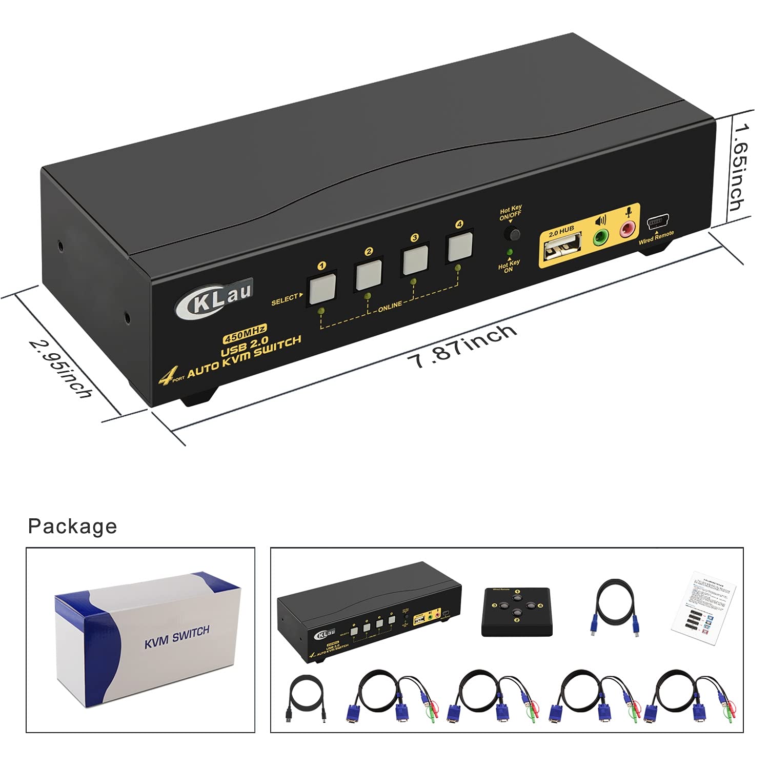 CKLau 4 Port 450MHz USB Auto VGA KVM Switch with Audio and Cables, Monitor Switch for Multiple Computers Support Windows, Linux, Mac, Debian, Ubuntu, Fedora, Raspbian, Ubuntu