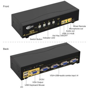 CKLau 4 Port 450MHz USB Auto VGA KVM Switch with Audio and Cables, Monitor Switch for Multiple Computers Support Windows, Linux, Mac, Debian, Ubuntu, Fedora, Raspbian, Ubuntu