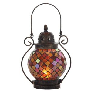 lily's home decorative candle lanterns, mosaic glass and wrought iron tea light candle holder for indoor or outdoor hanging lantern. candle not included. orange and gold