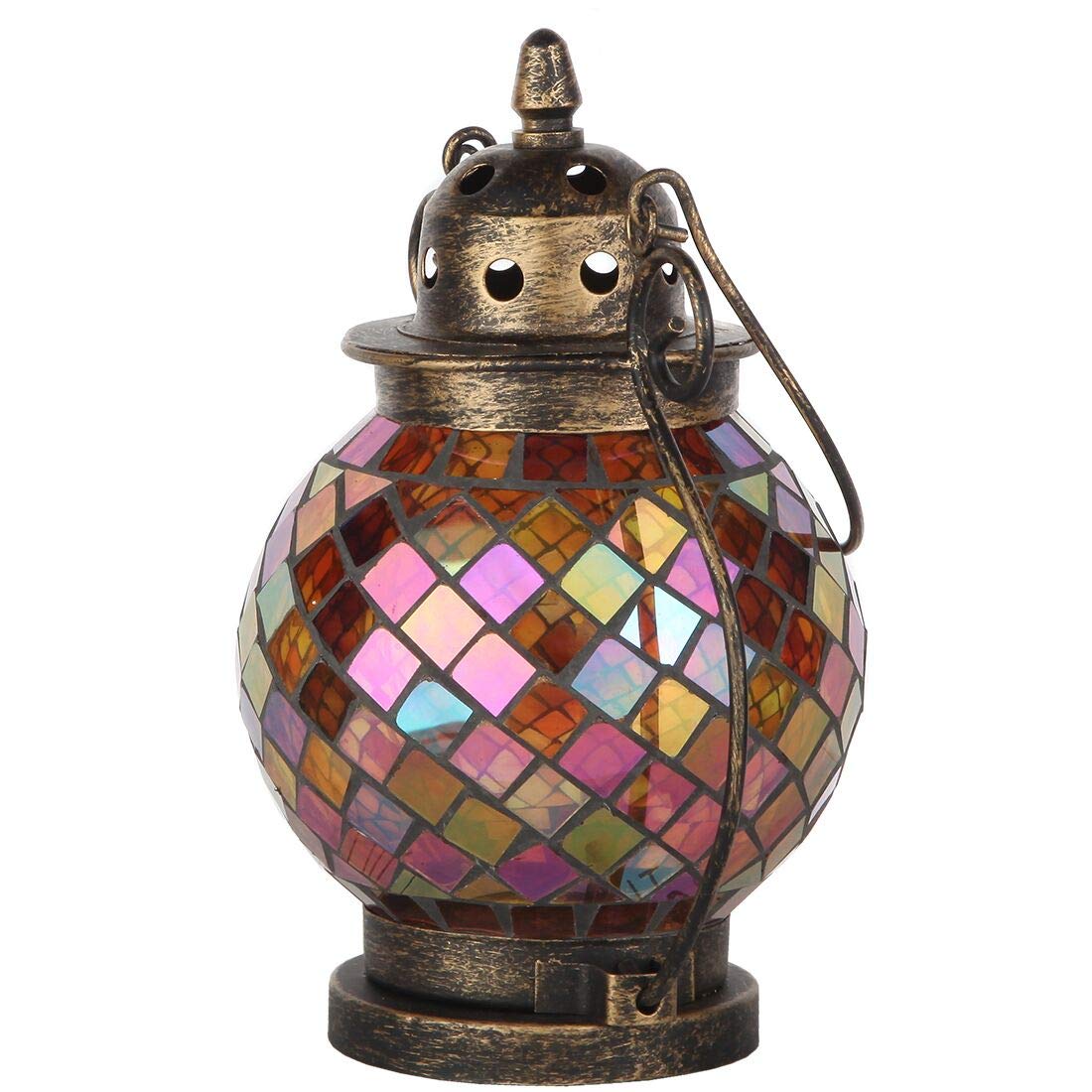 Lily's Home Decorative Candle Lanterns, Mosaic Glass and Wrought Iron Tea Light Candle Holder for Indoor or Outdoor Hanging Lantern. Candle NOT Included. Orange and Gold