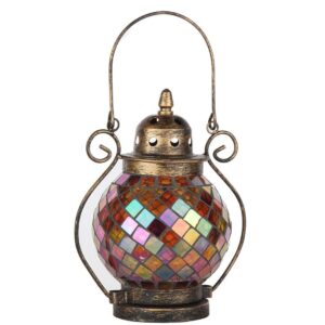 Lily's Home Decorative Candle Lanterns, Mosaic Glass and Wrought Iron Tea Light Candle Holder for Indoor or Outdoor Hanging Lantern. Candle NOT Included. Orange and Gold