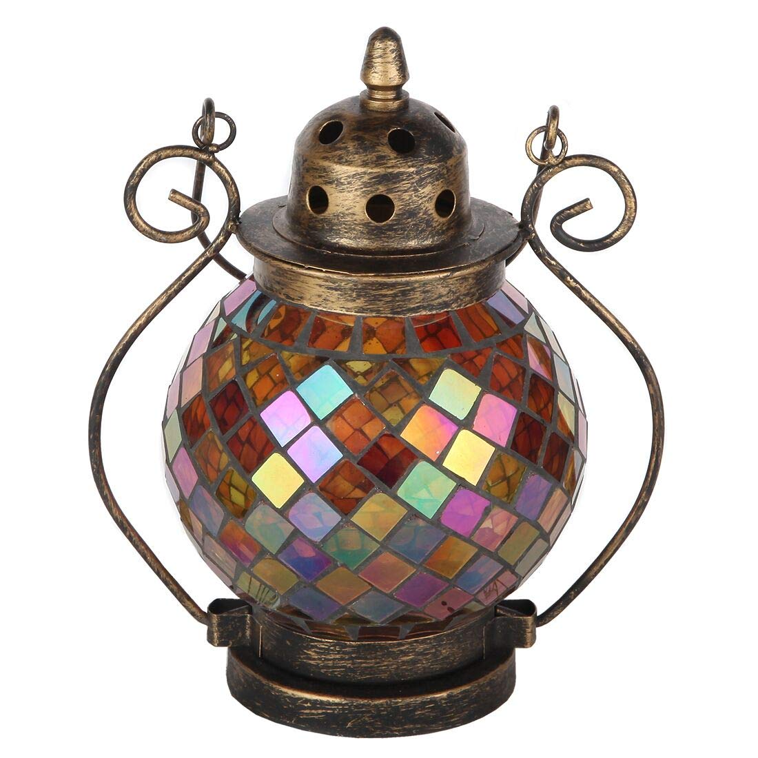 Lily's Home Decorative Candle Lanterns, Mosaic Glass and Wrought Iron Tea Light Candle Holder for Indoor or Outdoor Hanging Lantern. Candle NOT Included. Orange and Gold