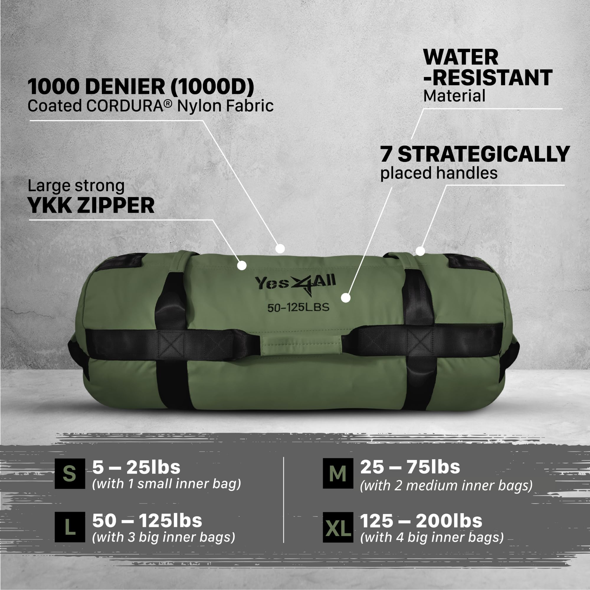 Yes4All Workout Sandbags, Heavy Duty Sandbags - Army Green - L