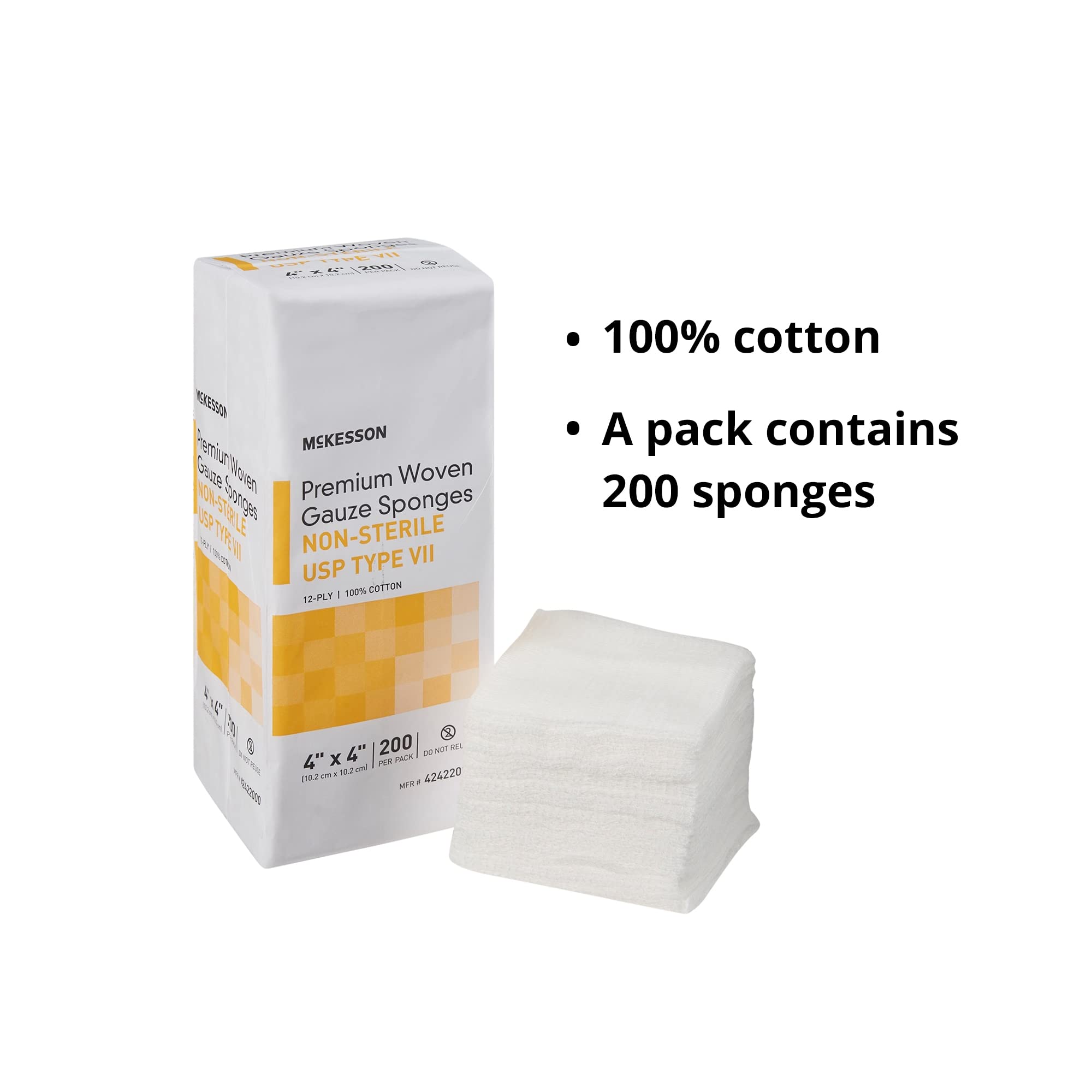 McKesson Premium Woven Gauze Sponges, 12-Ply Non-Sterile, USP Type VII, 100% Cotton, 4 in x 4 in, 200 per Pack, 1 Pack