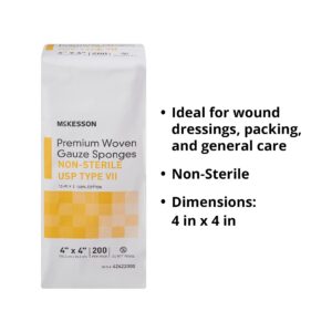 McKesson Premium Woven Gauze Sponges, 12-Ply Non-Sterile, USP Type VII, 100% Cotton, 4 in x 4 in, 200 per Pack, 1 Pack