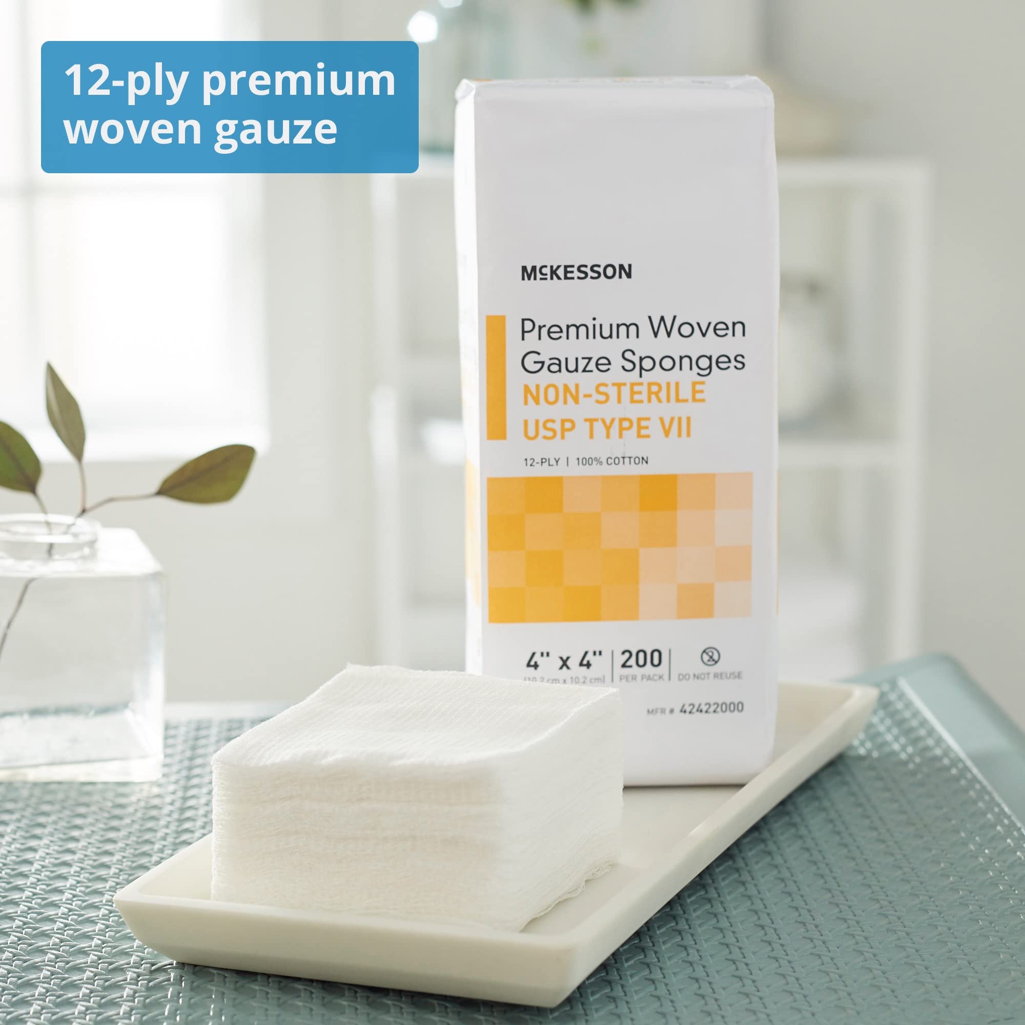 McKesson Premium Woven Gauze Sponges, 12-Ply Non-Sterile, USP Type VII, 100% Cotton, 4 in x 4 in, 200 per Pack, 1 Pack