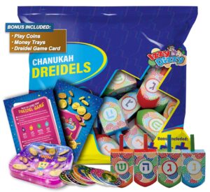 hanukkah dreidels - multi colored pattern print wooden dreidel - 10 pack medium