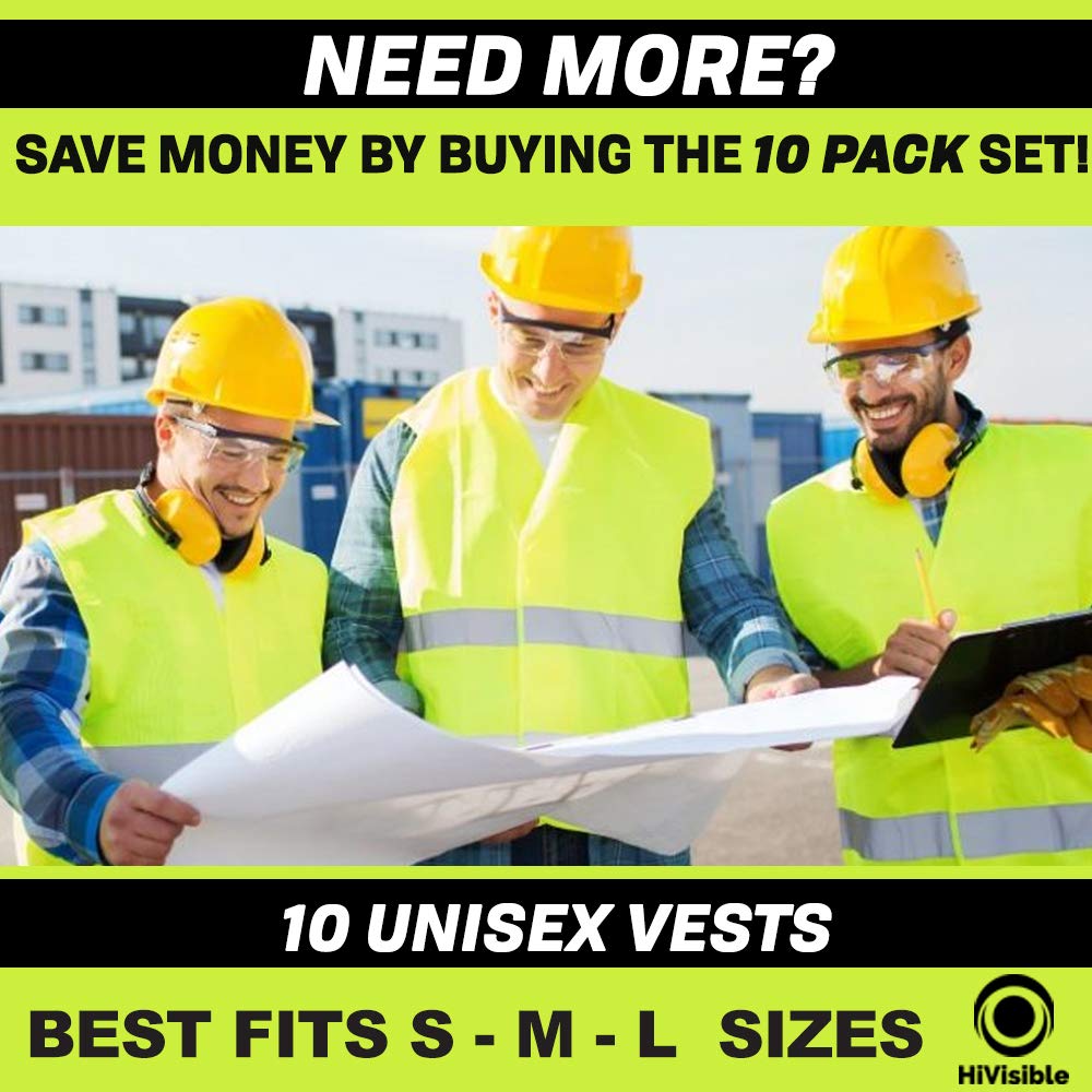 HiVisible 10 Safety Vests Bulk Pack Reflective Vests for Men and Women