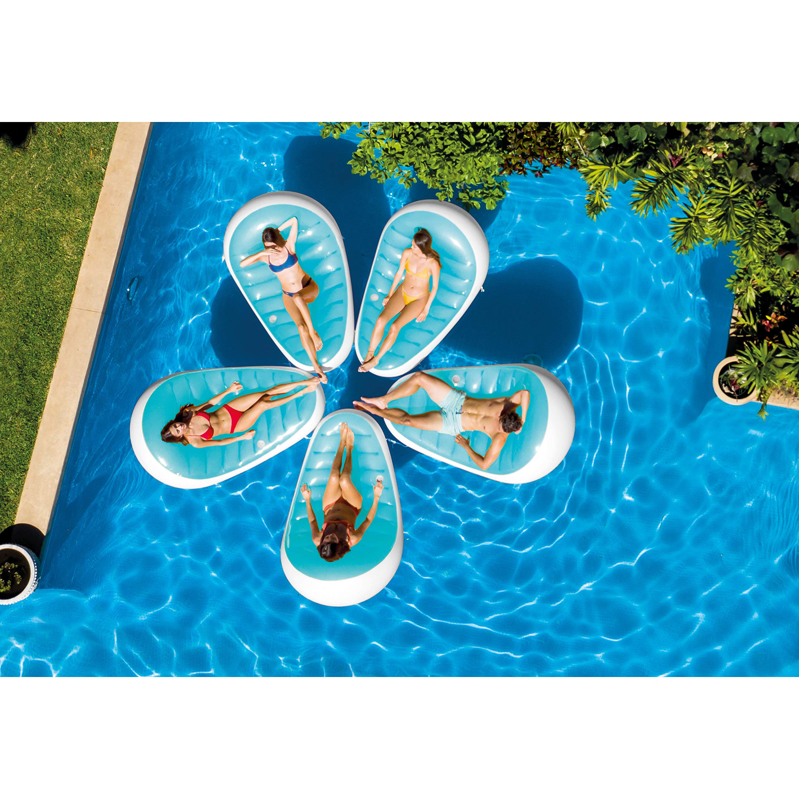 Intex Petal 76 x 49 Inch Inflatable Floating Lounge Chair Pool Float Lounger with Cupholder and Connector Tethers, Blue & White