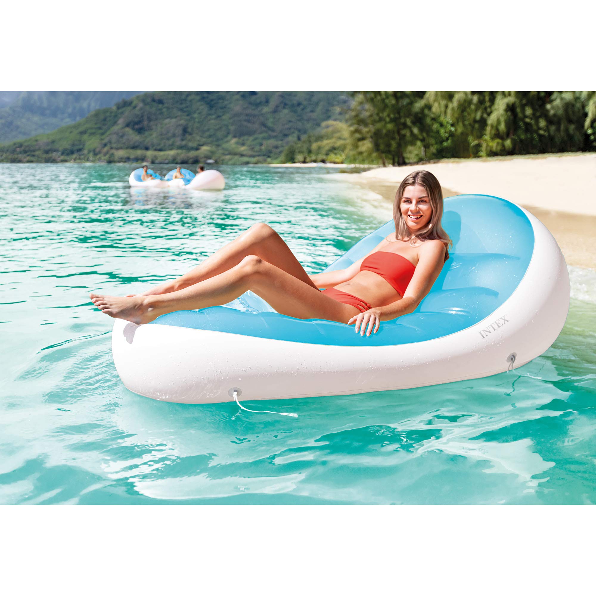 Intex Petal 76 x 49 Inch Inflatable Floating Lounge Chair Pool Float Lounger with Cupholder and Connector Tethers, Blue & White