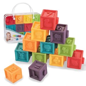 kingtree baby blocks (set of 12), soft silicone building blocks squeeze stacking toys for 6 months and up infants, colorful early educational puzzle toy with numbers animals shapes textures