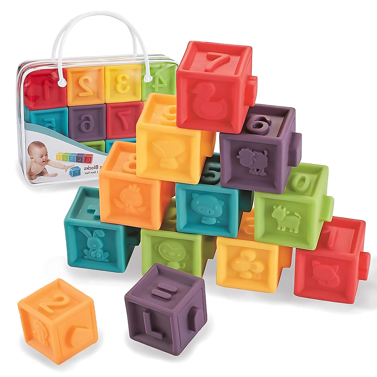 Kingtree Baby Blocks (Set of 12), Soft Silicone Building Blocks Squeeze Stacking Toys for 6 Months and Up Infants, Colorful Early Educational Puzzle Toy with Numbers Animals Shapes Textures