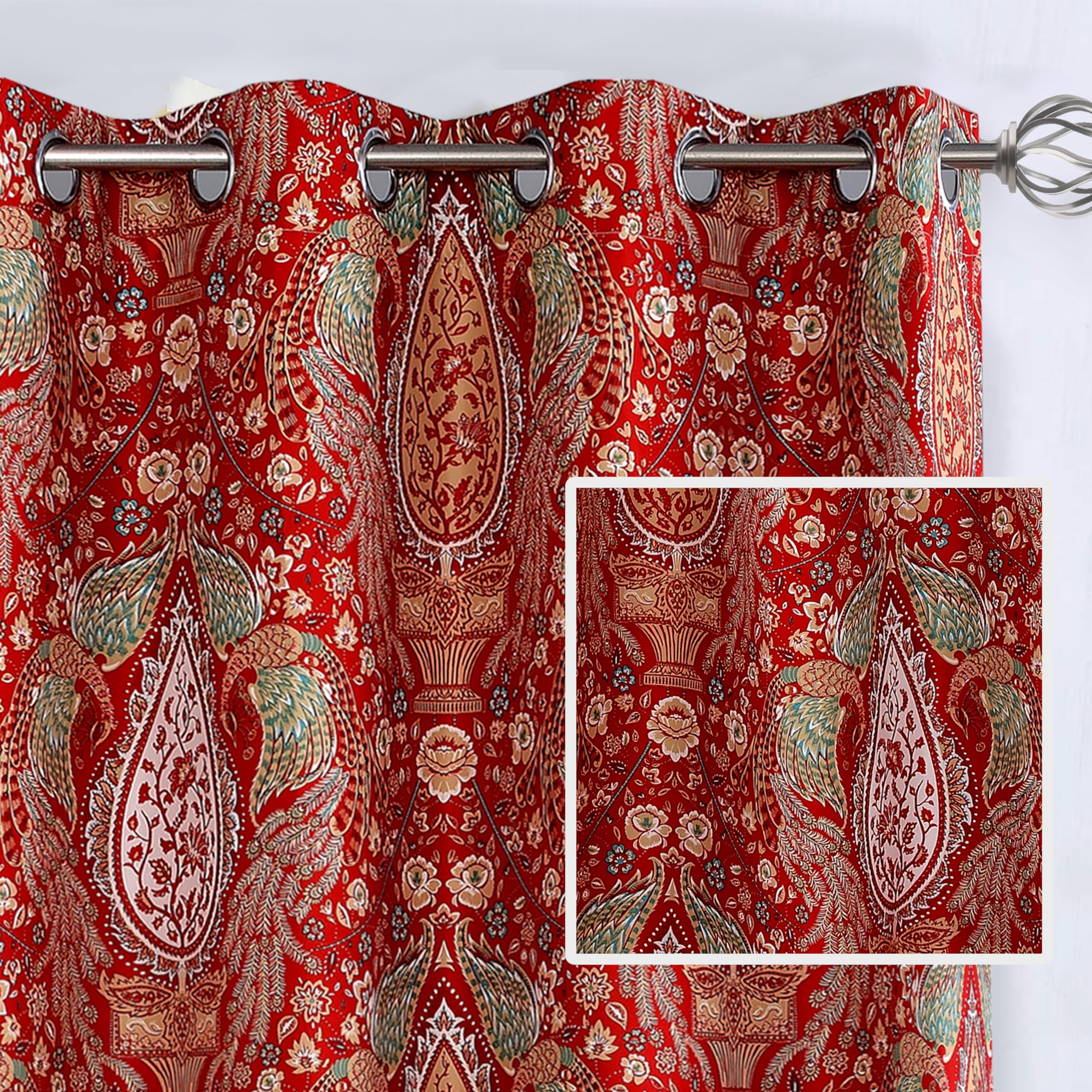 DriftAway Red Curtains for Bedroom 84 Inch Room Darkening Blackout Medallion Peacock Pattern for Living Room Window Drapes Grommet 2 Layers 2 Panels