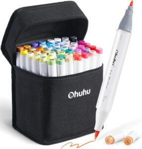 ohuhu 48-color alcohol brush marker set - dual-tip art markers for adult coloring and illustration with refillable ink