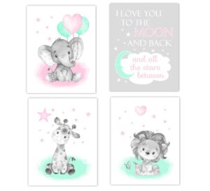 baby girl nursery art elephant giraffe lion safari animals wall decor 4 unframed prints