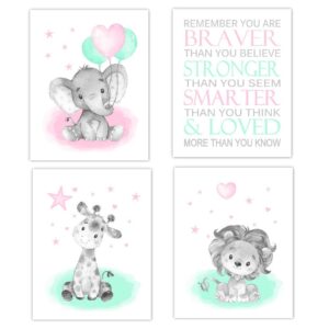 Baby Girl Nursery Art Elephant Giraffe Lion Safari Animals Wall Decor 4 UNFRAMED PRINTS